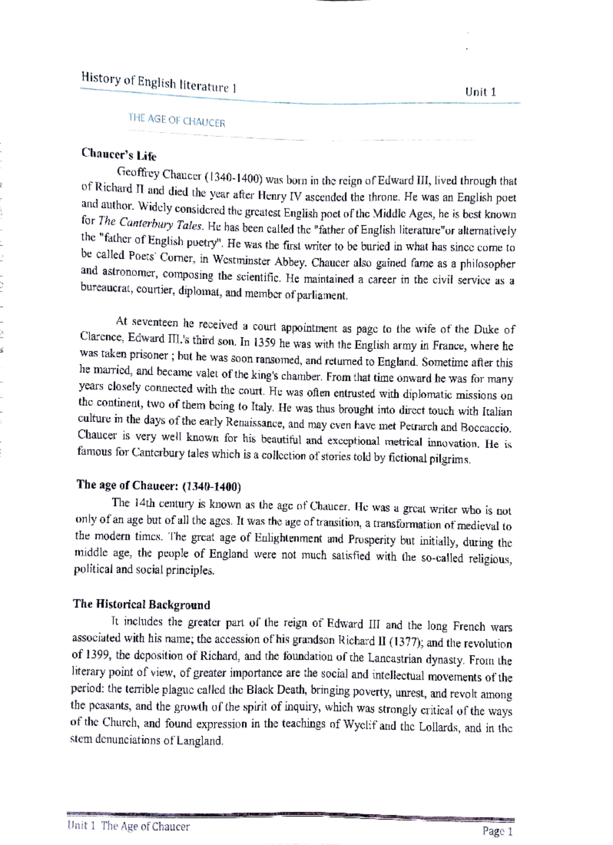 Geoffrey Chaucer - History of Engli sh lite rature I Uni t 1 THE AGE OF ...