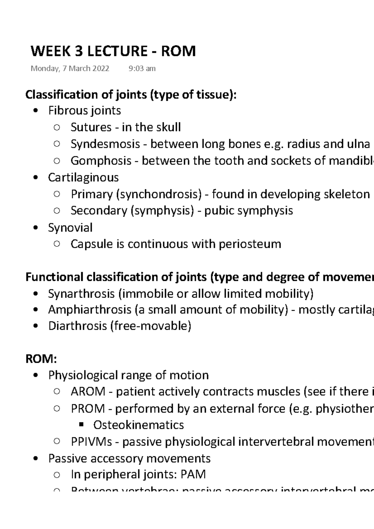 WEEK 3 Lecture - ROM - Classification of joints (type of tissue ...