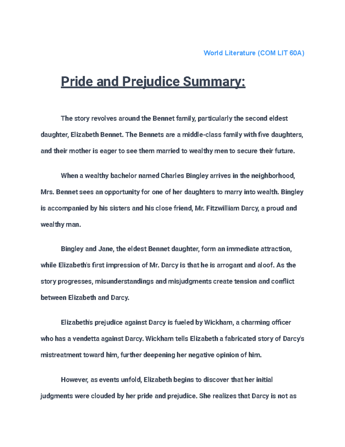 Pride and Prejudice Summary World Literature (COM LIT 60A) - World ...
