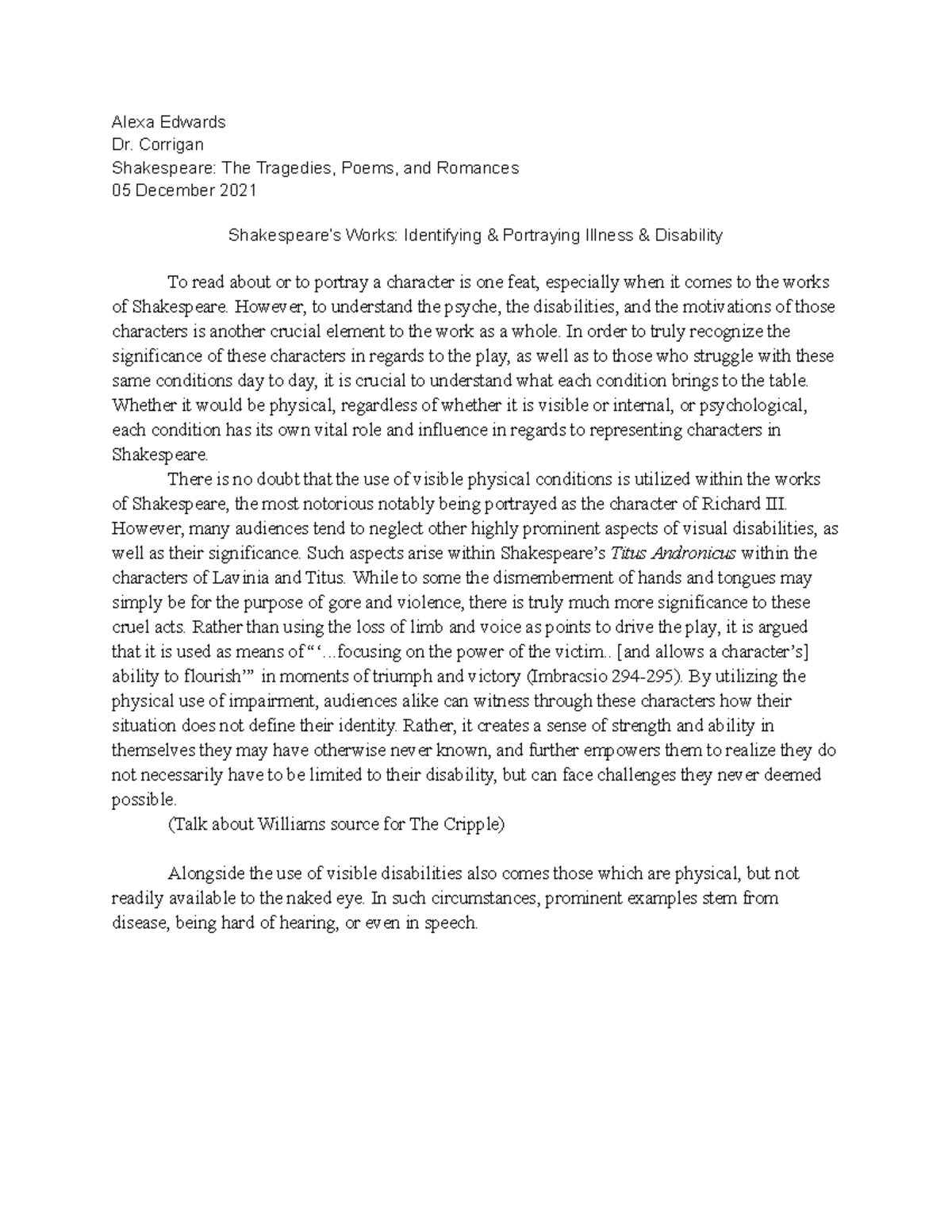 Shakespeare Essay 2 Alexa Edwards - Alexa Edwards Dr. Corrigan ...
