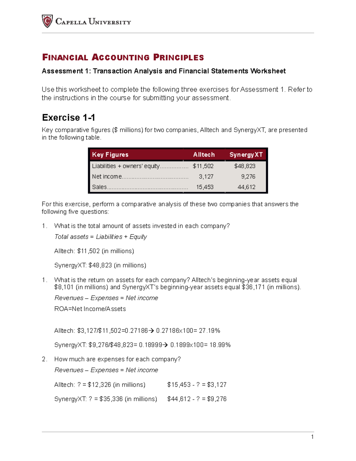 01a1 transaction analysis and financial statements assessment worksheet ...