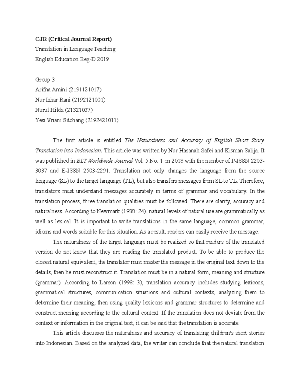 CJR_Translation in Language Teaching - CJR (Critical Journal Report ...