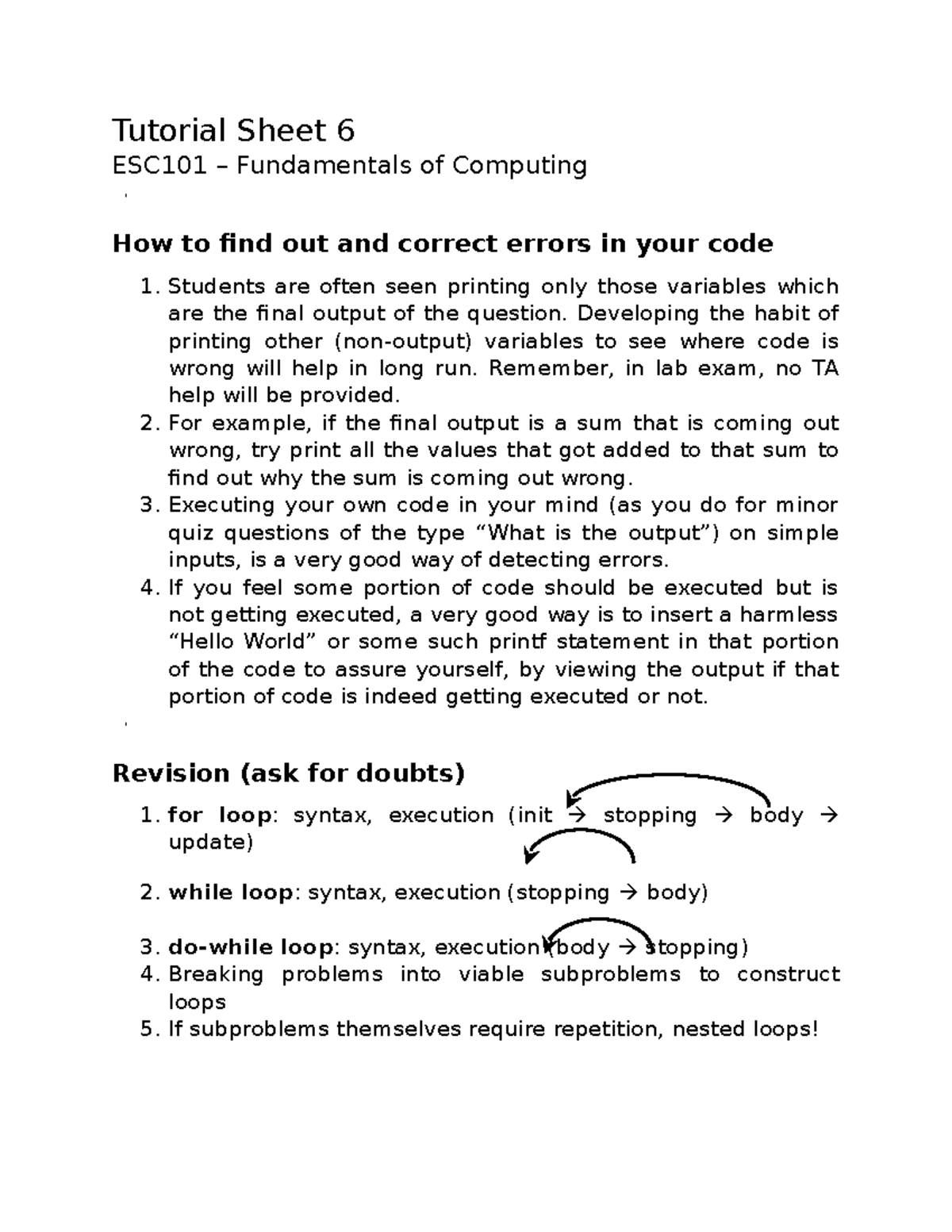 Week6 - Tutorial sheet shared by professor - Tutorial Sheet 6 ESC101 – Fundamentals of Computing ...
