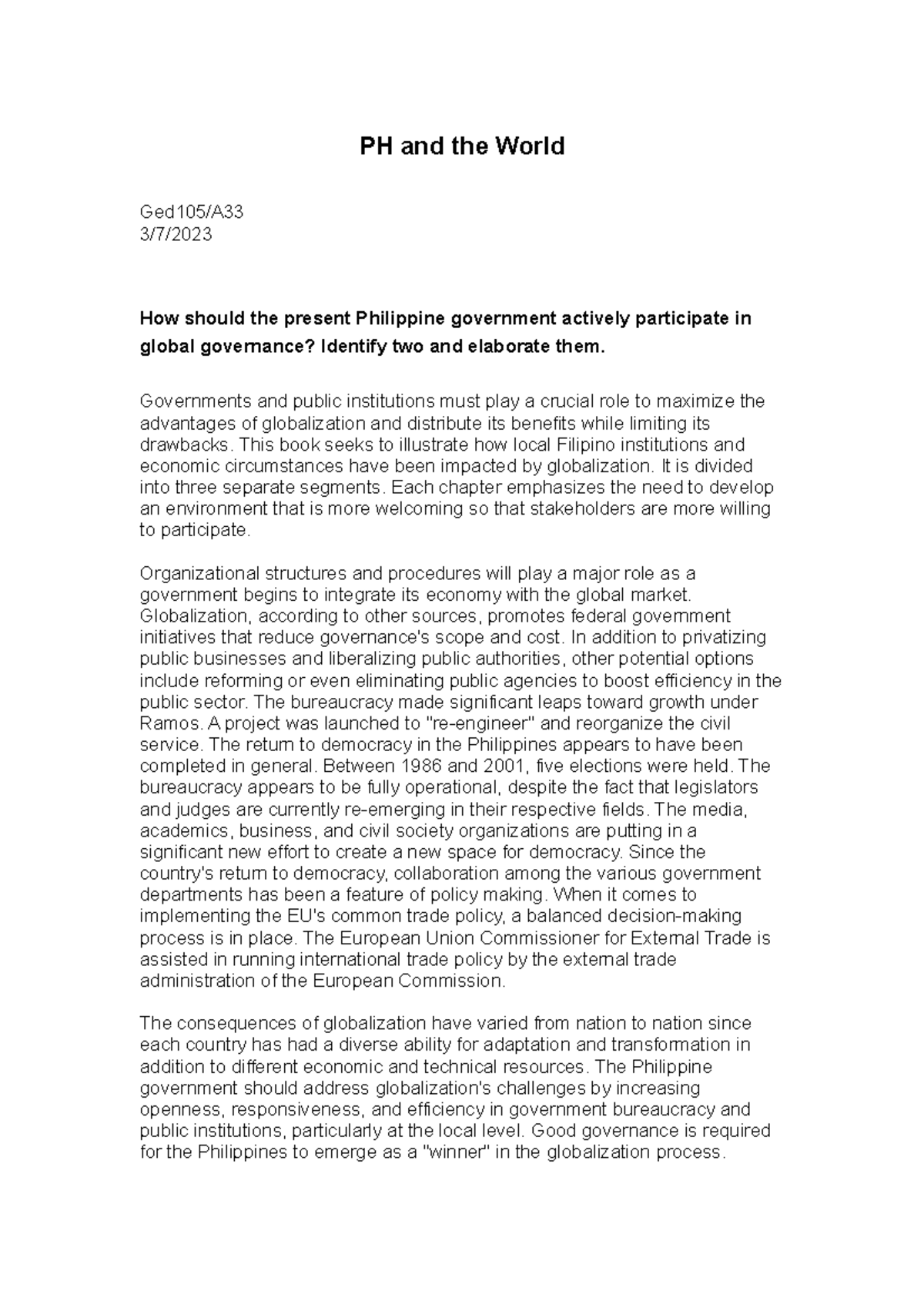 PH and the World - ESSAY FOR GED105 - PH and the World Ged105/A 3/7 ...