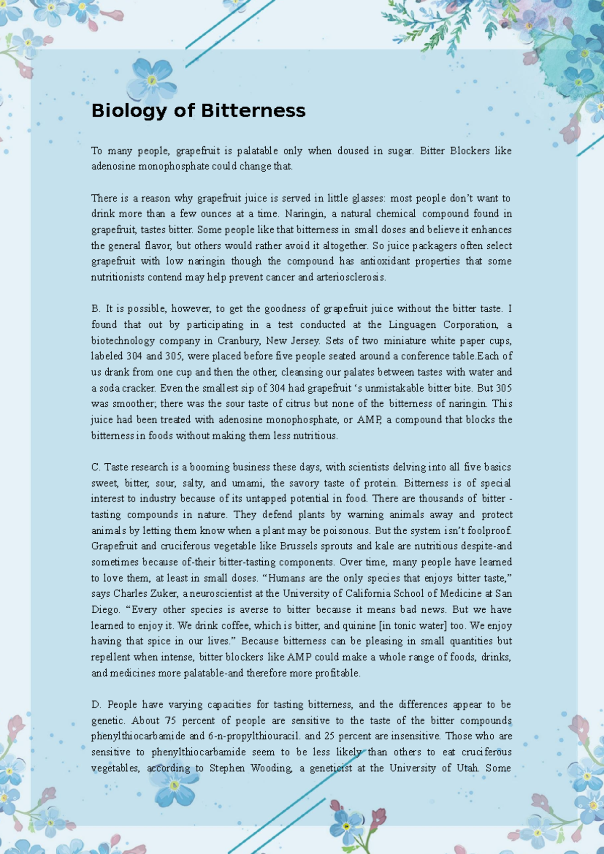 Biology of Bitterness - Bitter Blockers like adenosine monophosphate ...