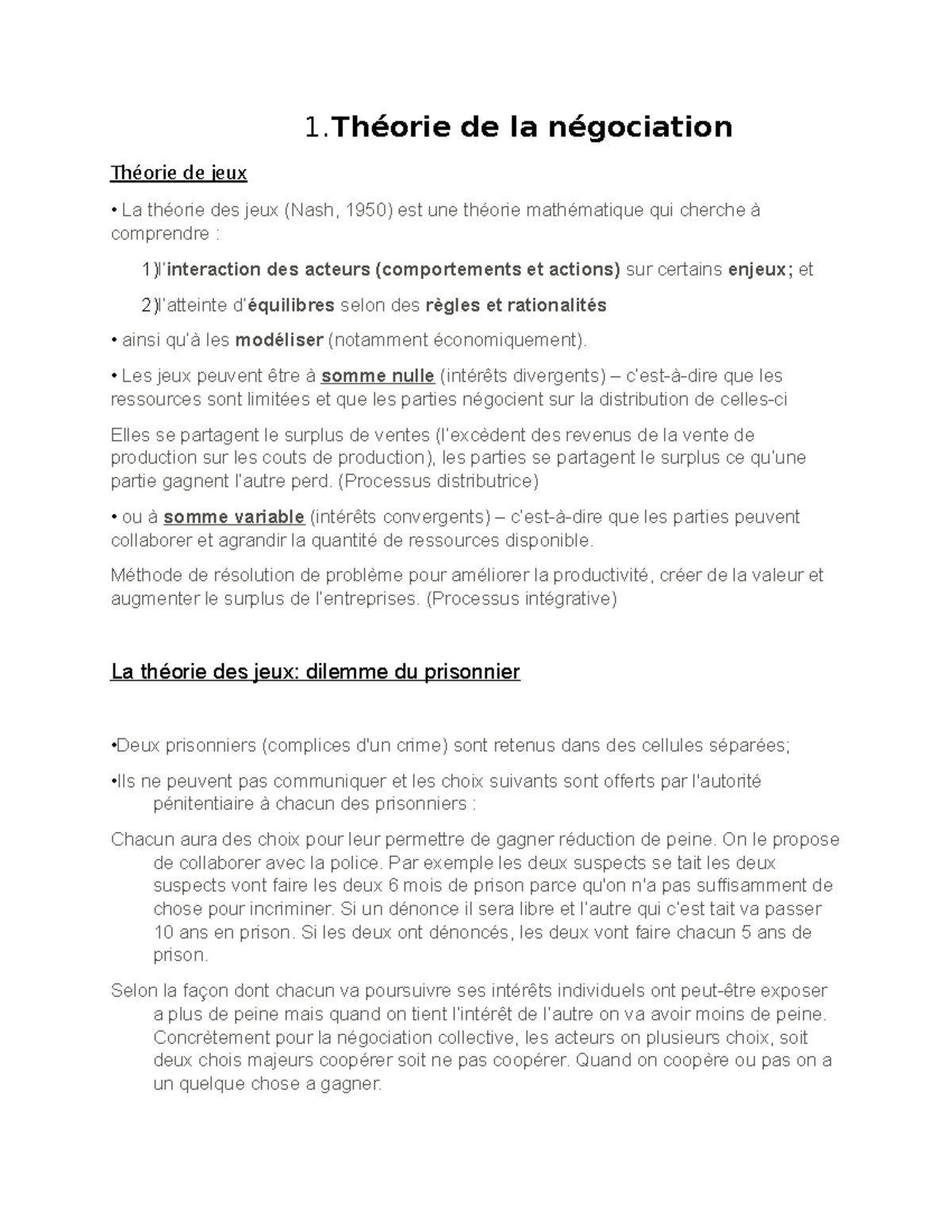 Négo cour 2 Théorie des jeux - 1éorie de la négociation Théorie de jeux ...