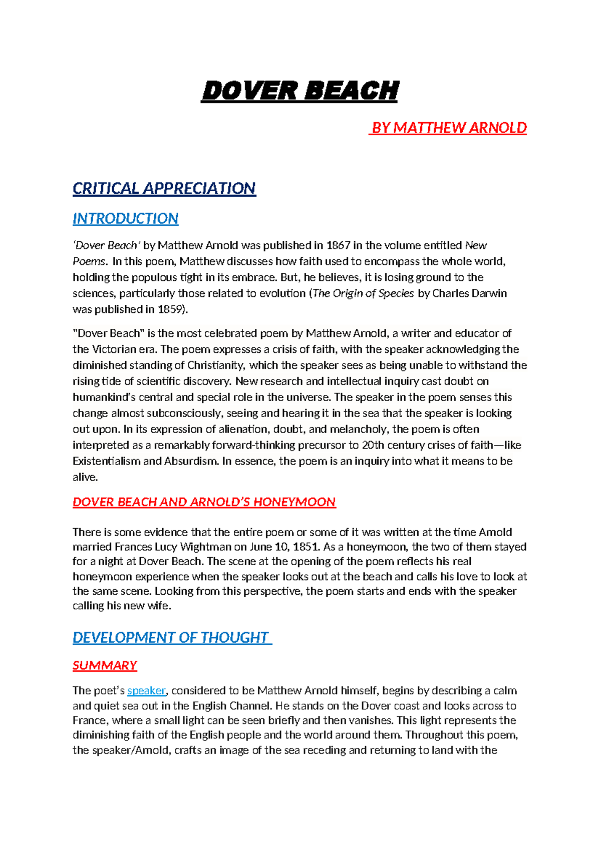 Dover Beach - Notes - DOVER BEACH BY MATTHEW ARNOLD CRITICAL ...