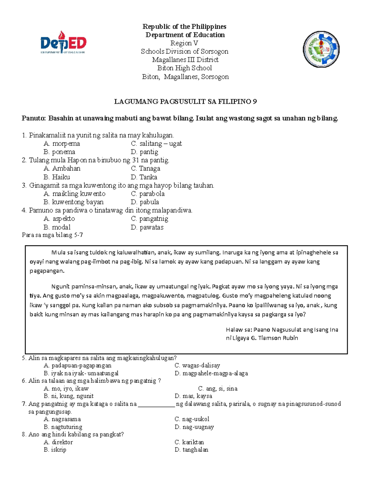 Filipino 9 2nd Periodical Test - Republic of the Philippines Department ...
