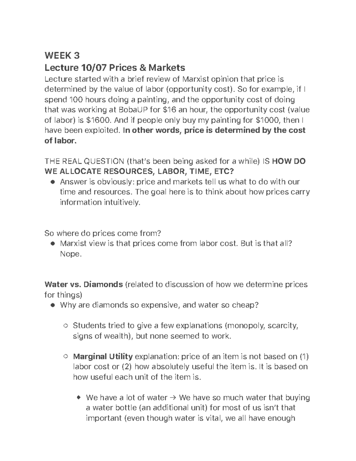 WEEK 3 - Prof Gill - WEEK 3 Lecture 10/07 Prices & Markets Lecture ...
