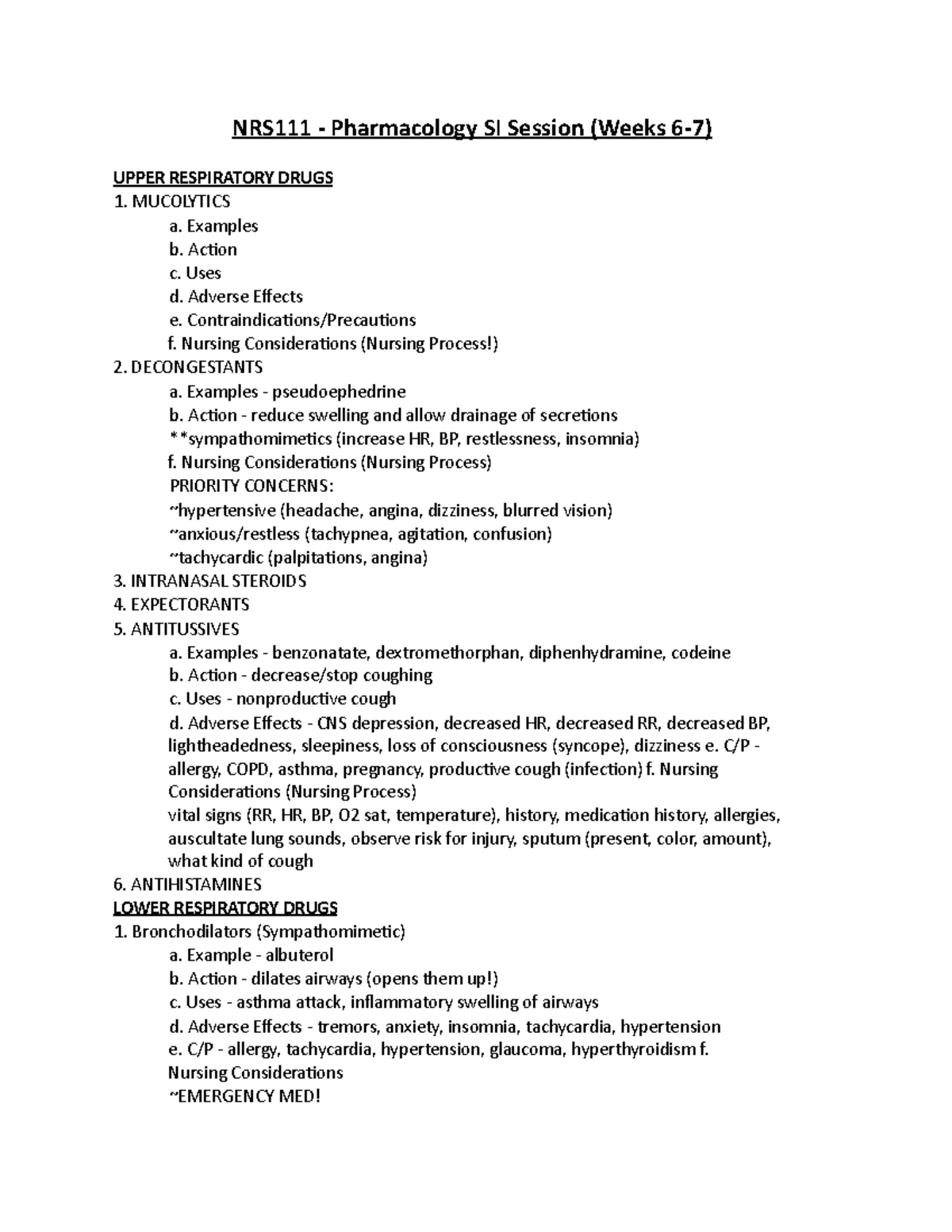 NRS111 SI Notes - Weeks 6-7 - NRS111 - Pharmacology SI Session (Weeks 6 ...