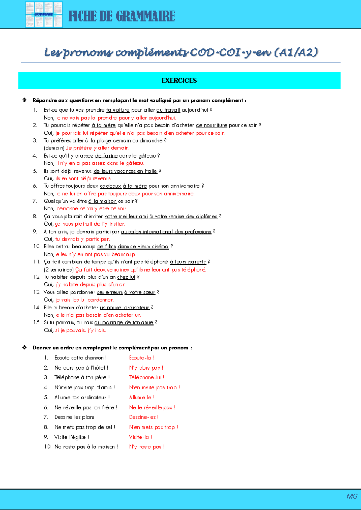 Grammaire - Pronoms COD-COI-Y-EN - FICHE DE GRAMMAIRE MG Les pronoms ...
