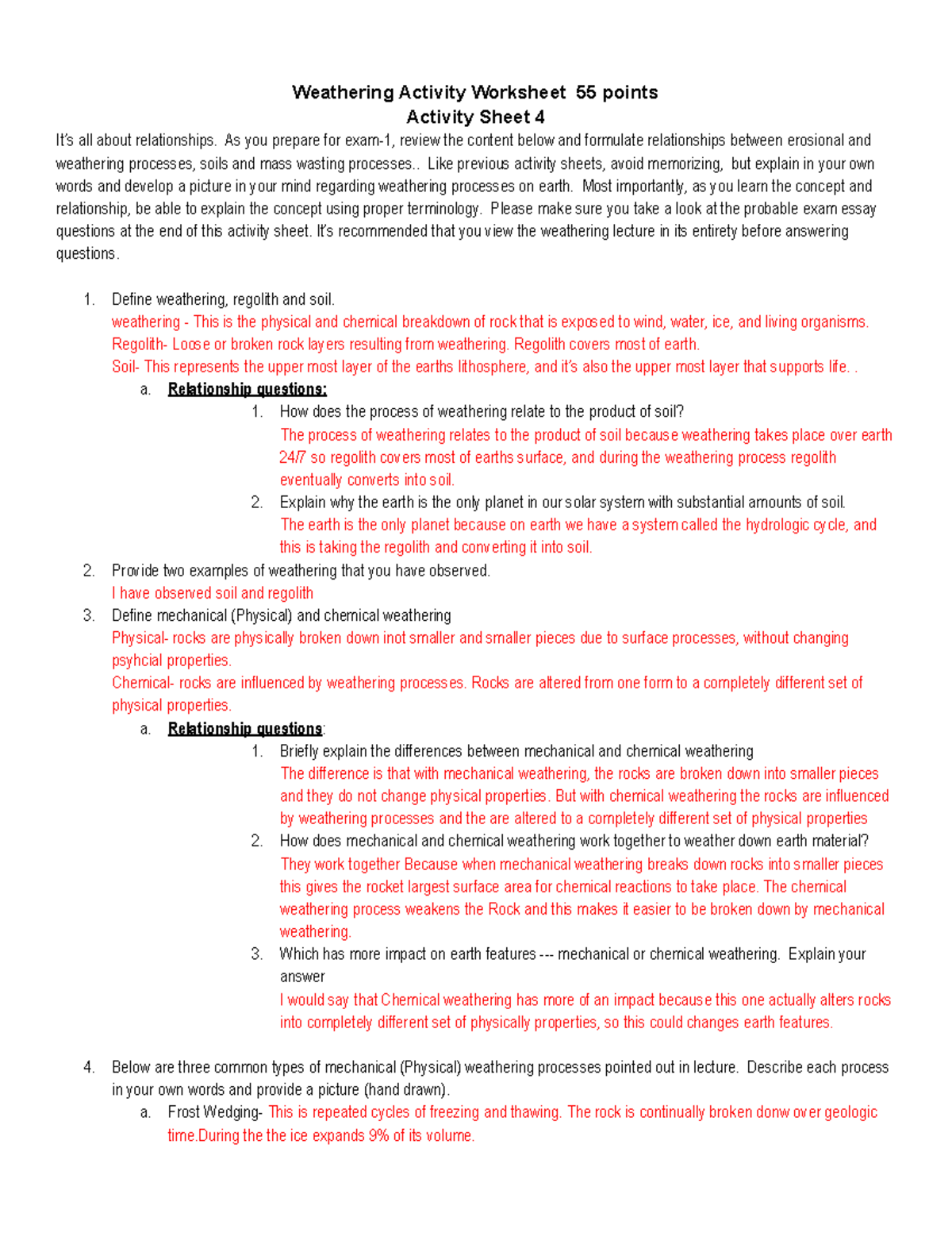 Copy of Weathering Activity Worksheet - Weathering Activity Worksheet ...