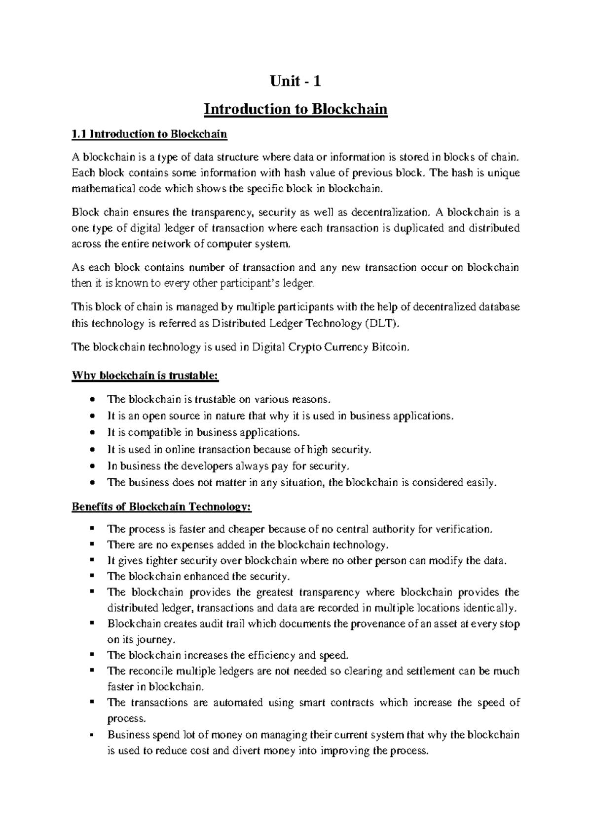 Unit 1 Blockchain architecture design - Unit - 1 Introduction to Blockchain 1 Introduction to ...
