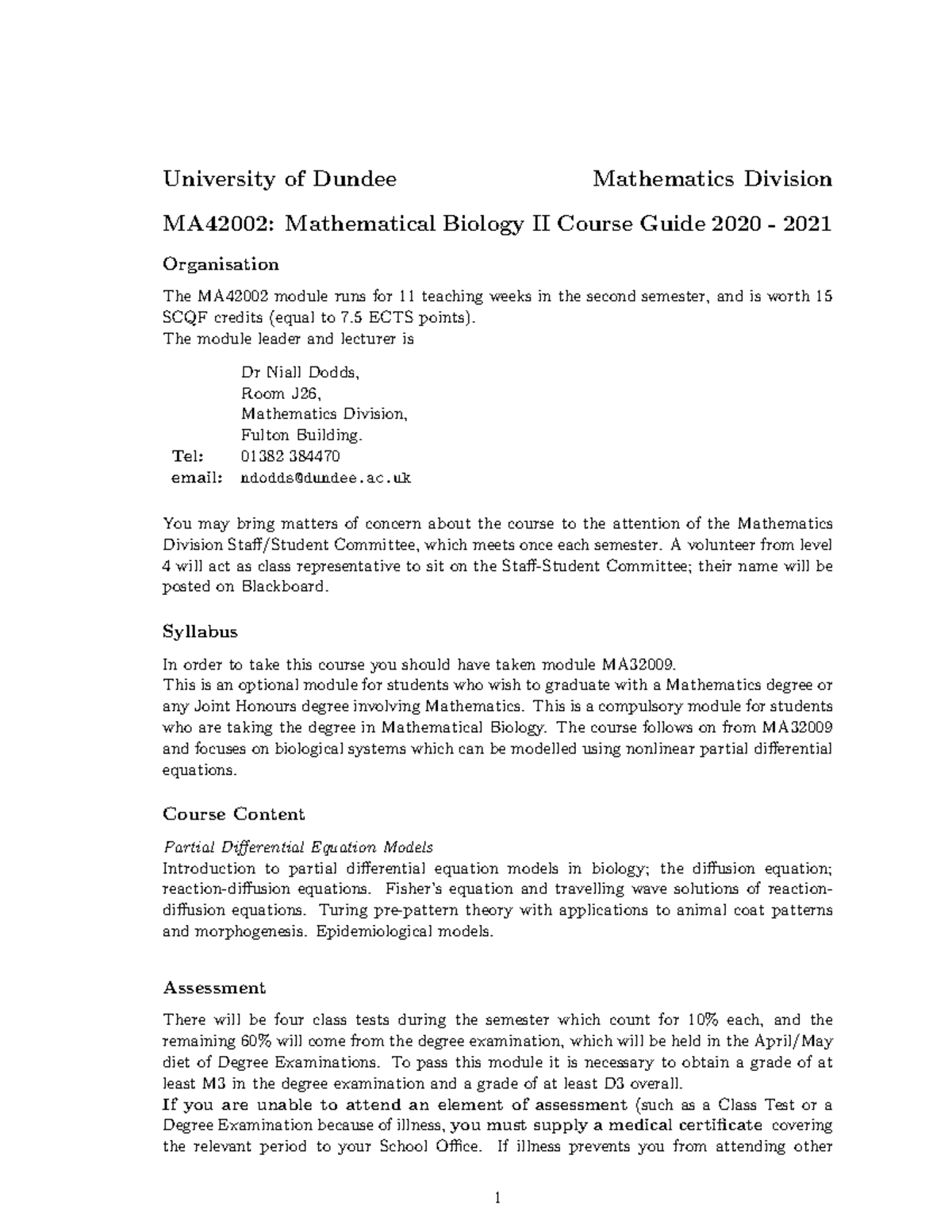 Module Guide - University of Dundee Mathematics Division MA42002 ...
