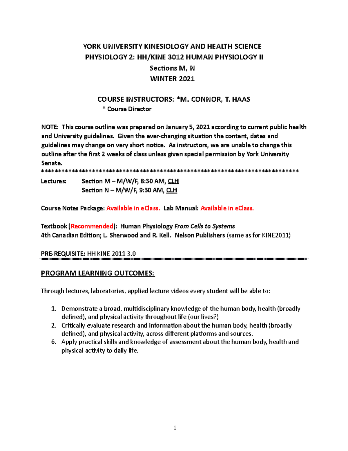 KINE3012 Course outline W22 - YORK UNIVERSITY KINESIOLOGY AND HEALTH ...
