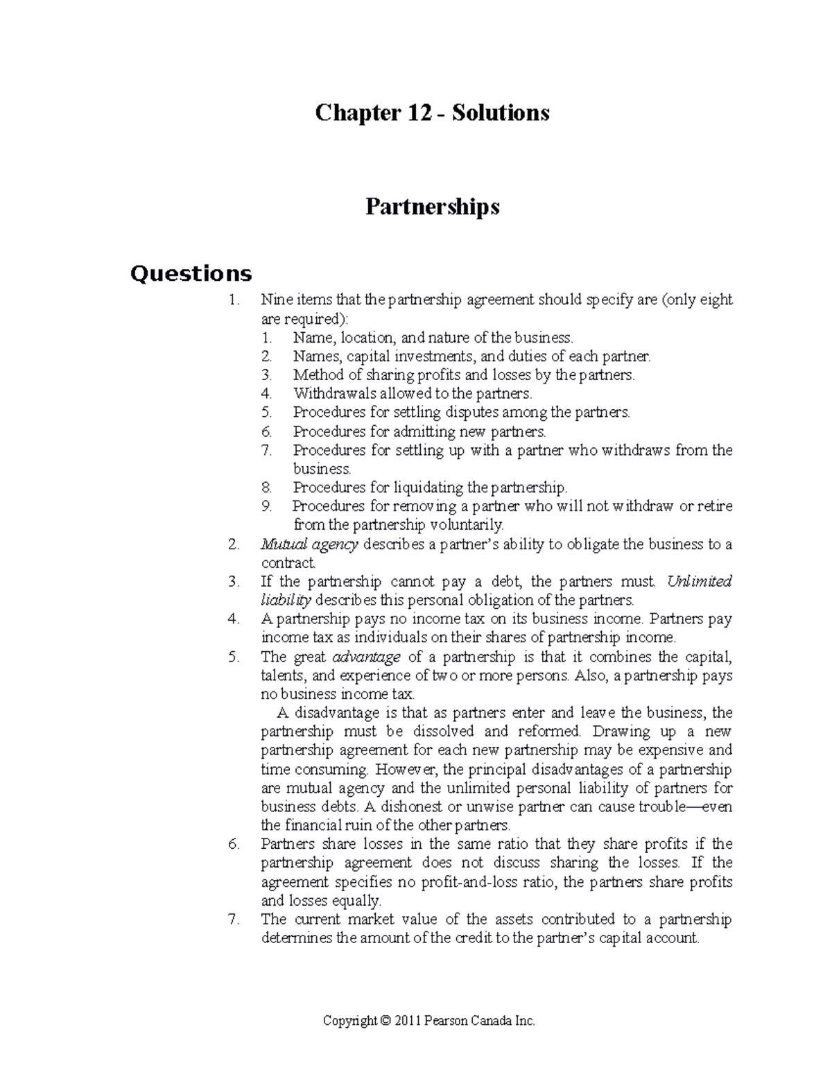 Chapter 12A Answers - Chapter 12 - Solutions Partnerships Questions Nine items that the ...