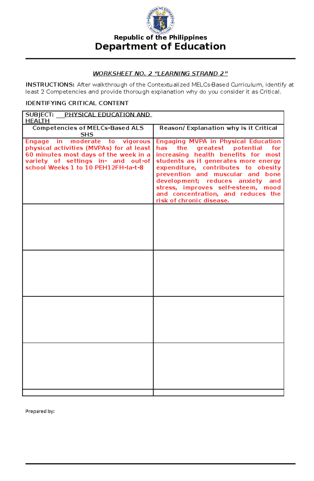 Critical content activity - Republic of the Philippines Department of ...