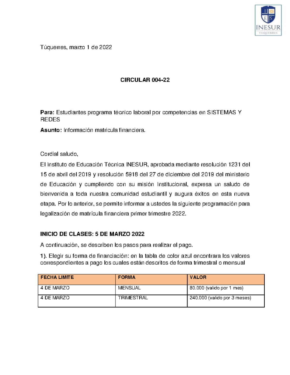 Circular 004-22 - Talller - Túquerres, marzo 1 de 2022 CIRCULAR 004 ...