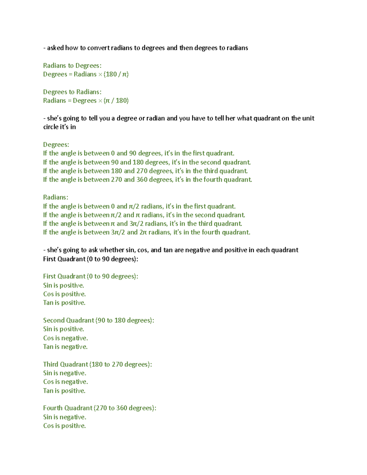 Dba notes - asked how to convert radians to degrees and then degrees to ...