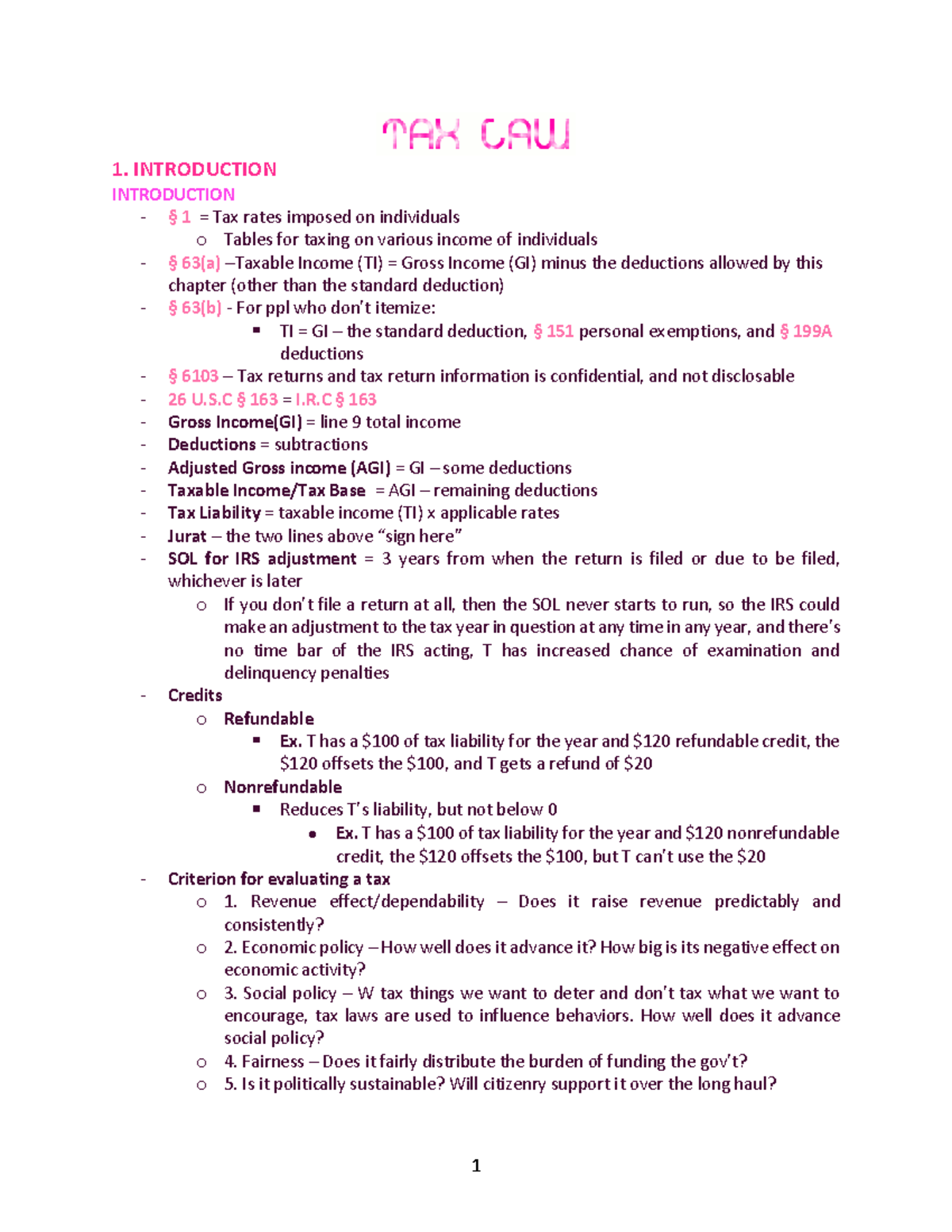 Tax Law Outline 2021 - 1. INTRODUCTION INTRODUCTION § 1 = Tax rates ...