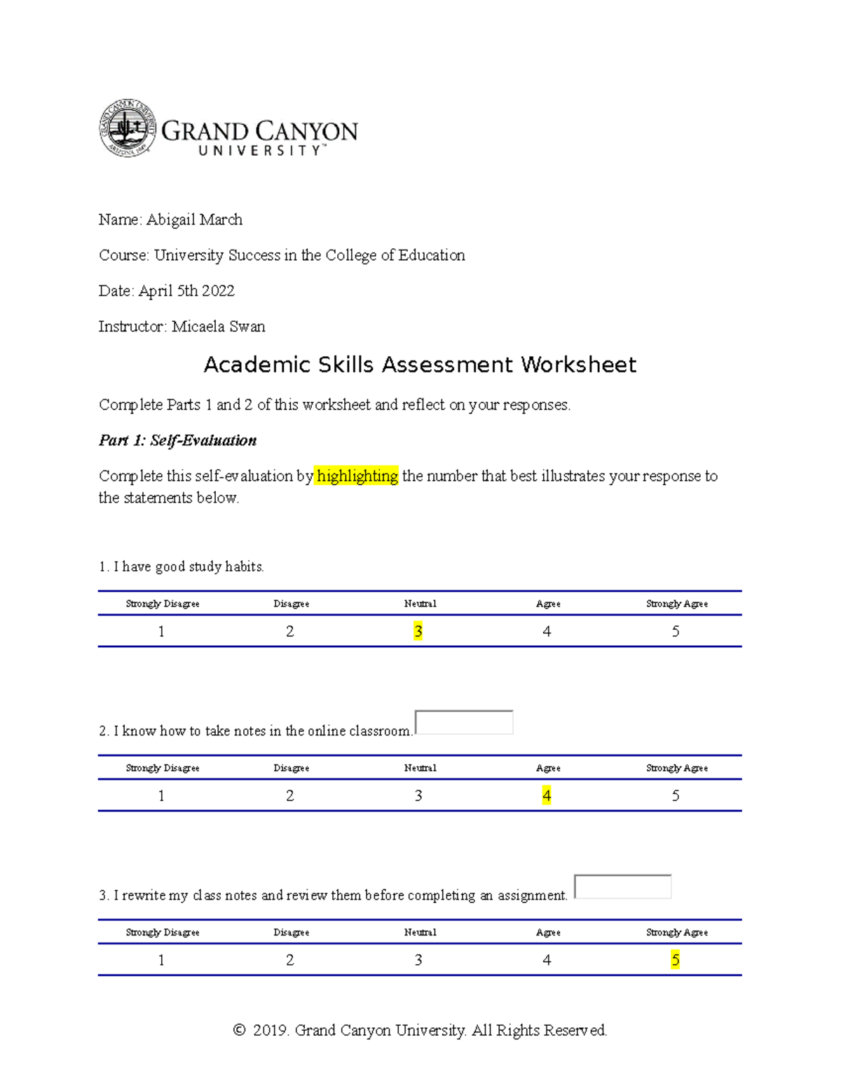 Academic Skills Assessment Worksheet - Name: Abigail March Course ...
