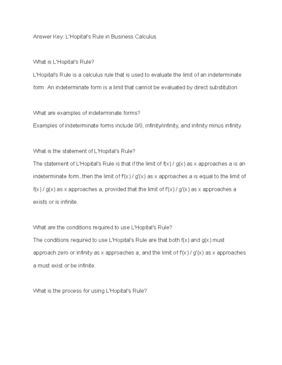 Answer Key L'Hopital's Rule in Business Calculus - An indeterminate ...