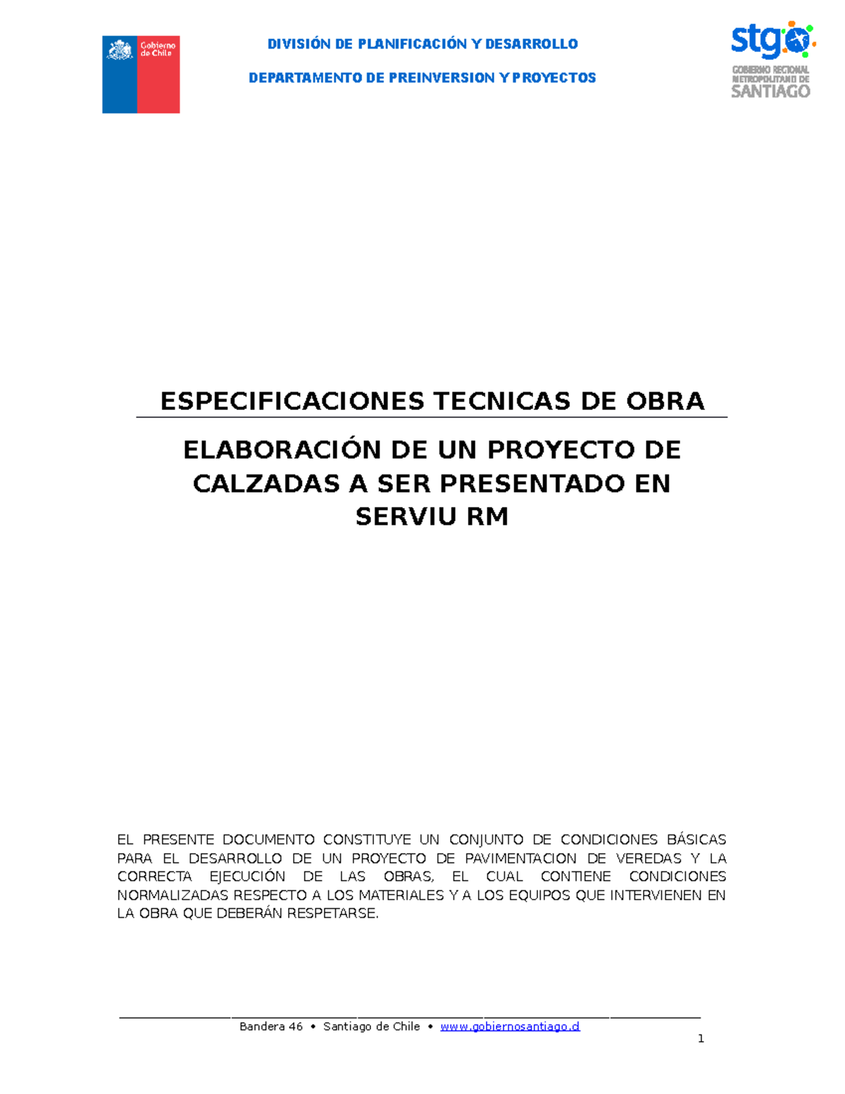 EETT- Calzadas Serviu - DEPARTAMENTO DE PREINVERSION Y PROYECTOS ESPECIFICACIONES TECNICAS DE ...