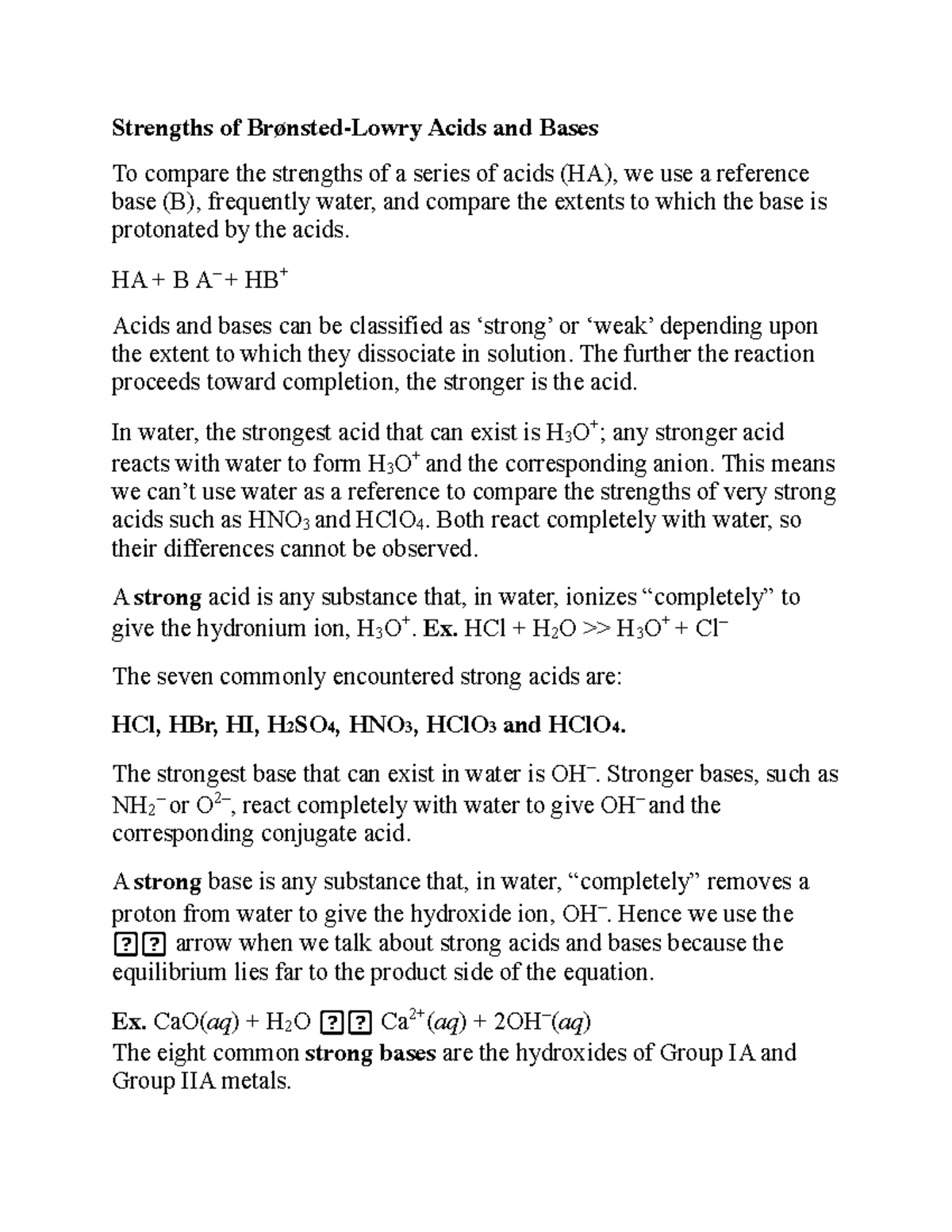 Strengths Acids and Bases - Strengths of Brønsted-Lowry Acids and Bases ...