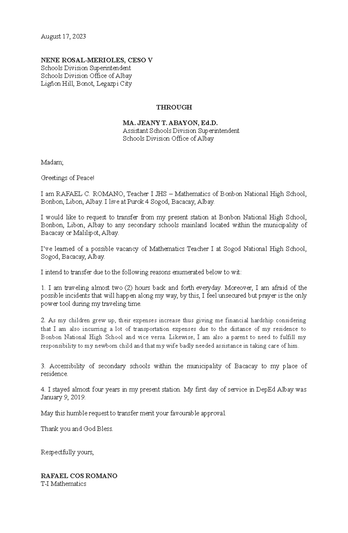 Letter of Intent to Transfer - August 17, 2023 NENE ROSAL-MERIOLES ...