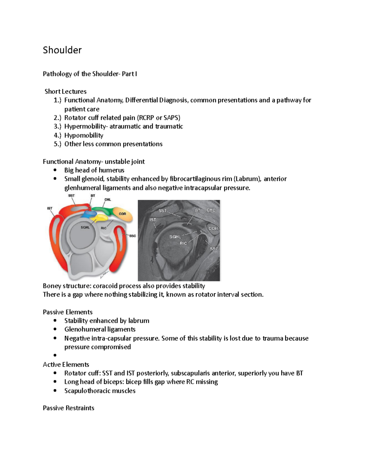 Shoulder Lecture notes - Shoulder Pathology of the Shoulder- Part I ...