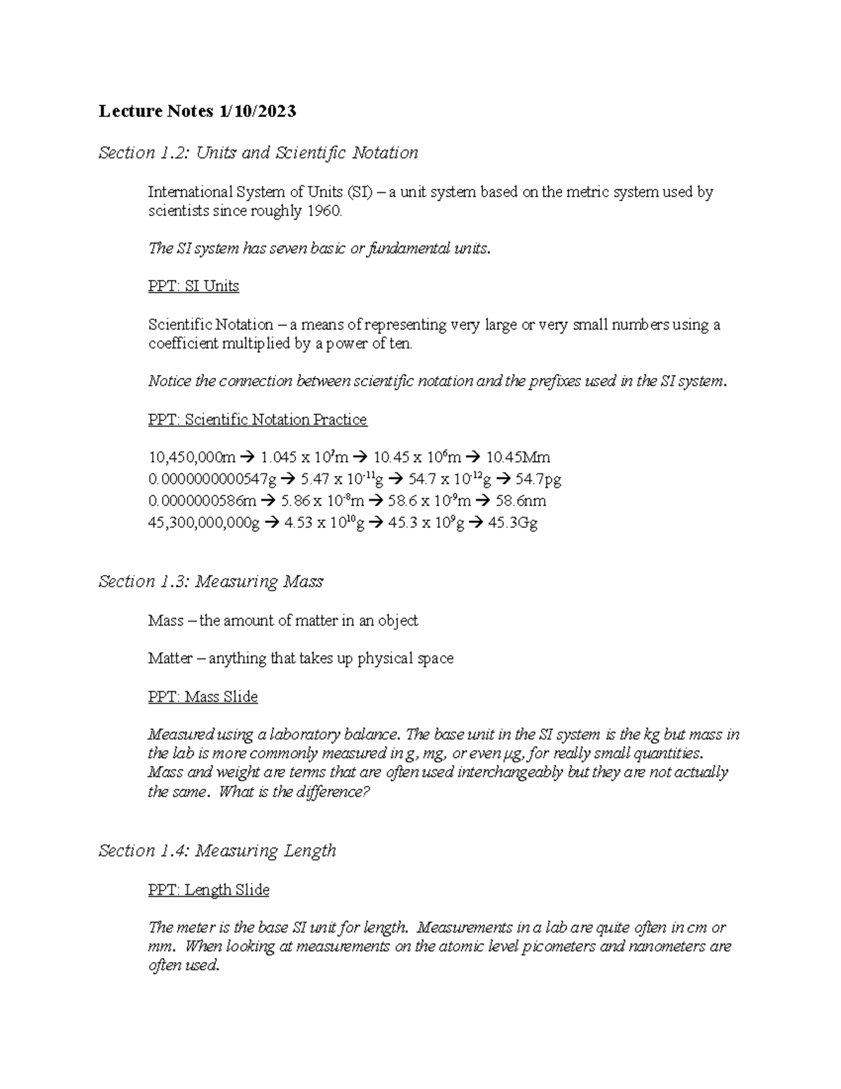 Units and Scientific Notation - Lecture Notes 1/10/ Section 1: Units ...