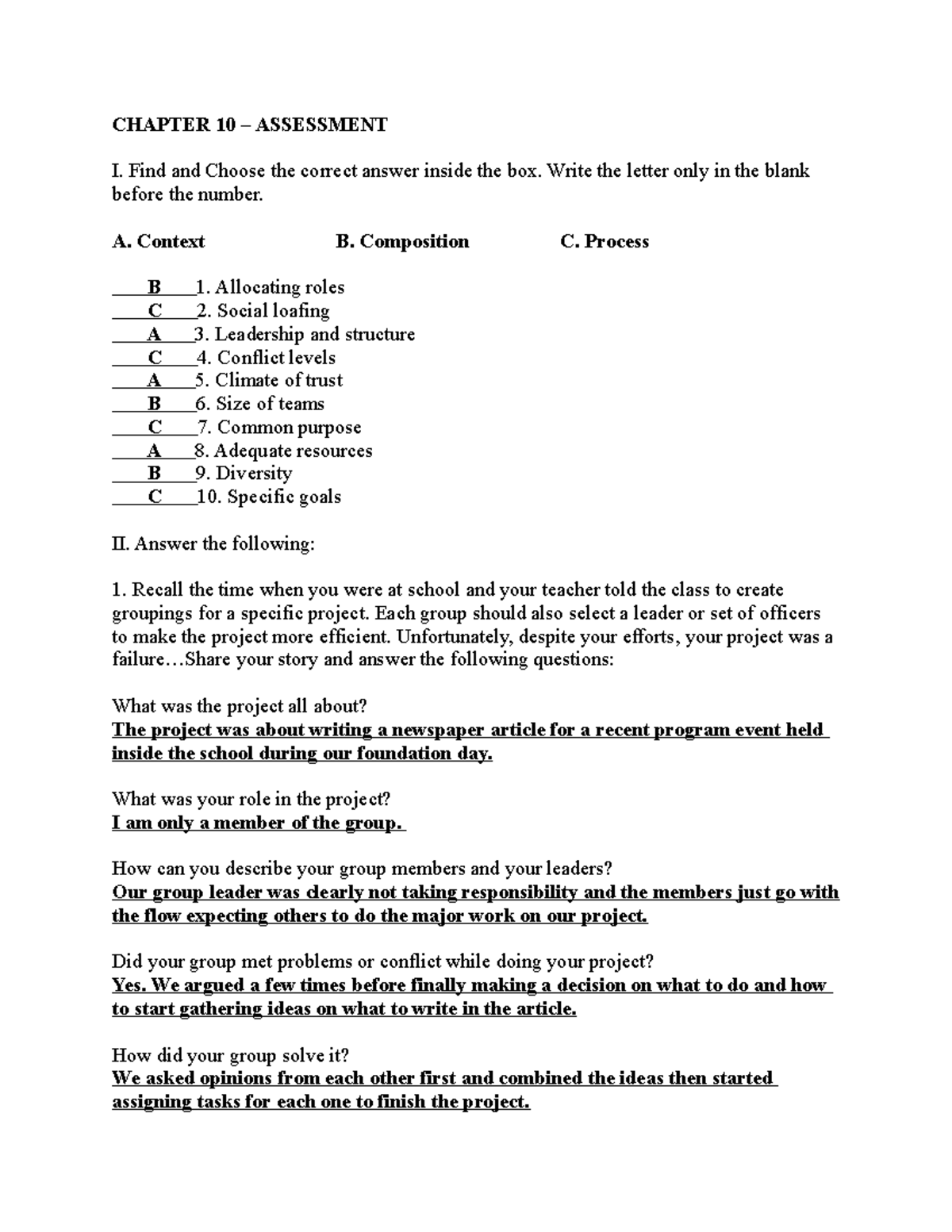 CHAP10 Exercises Human Behavior Organization - CHAPTER 10 – ASSESSMENT I. Find and Choose the ...