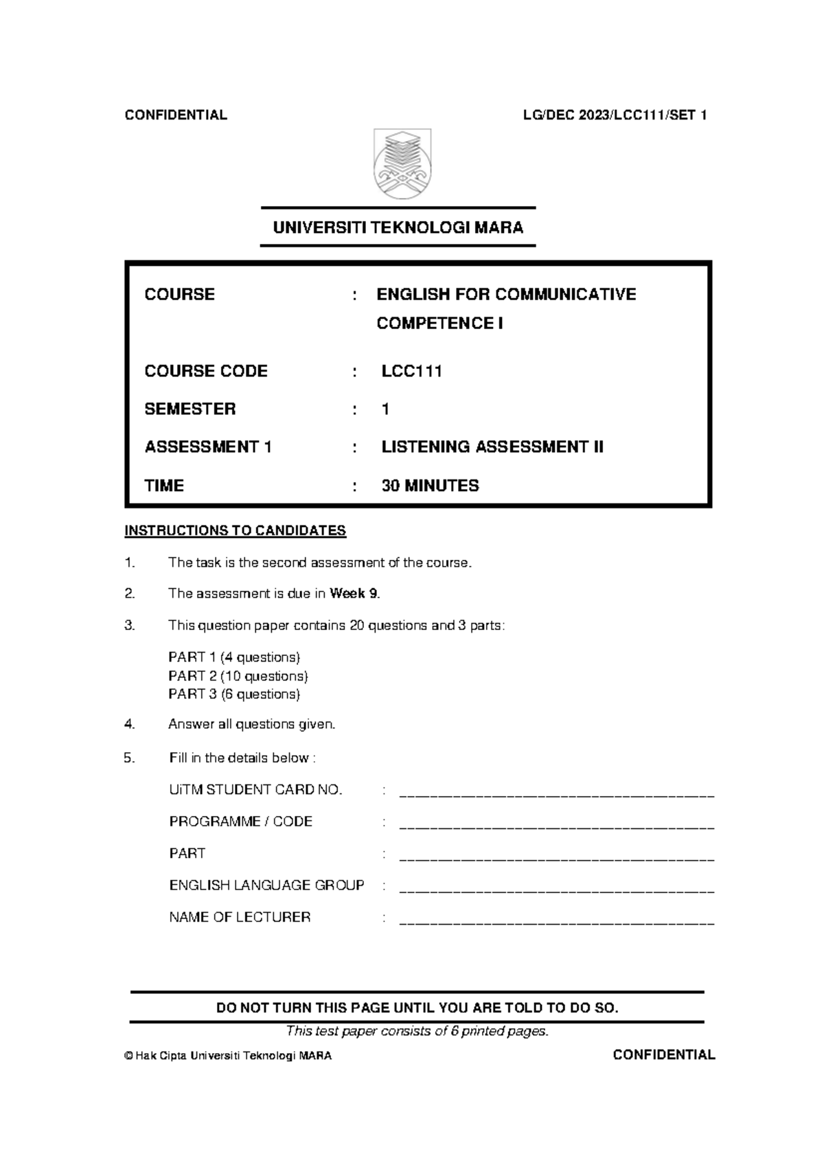 LCC111 Listening Assessment II QP SET 1 - UNIVERSITI TEKNOLOGI MARA ...