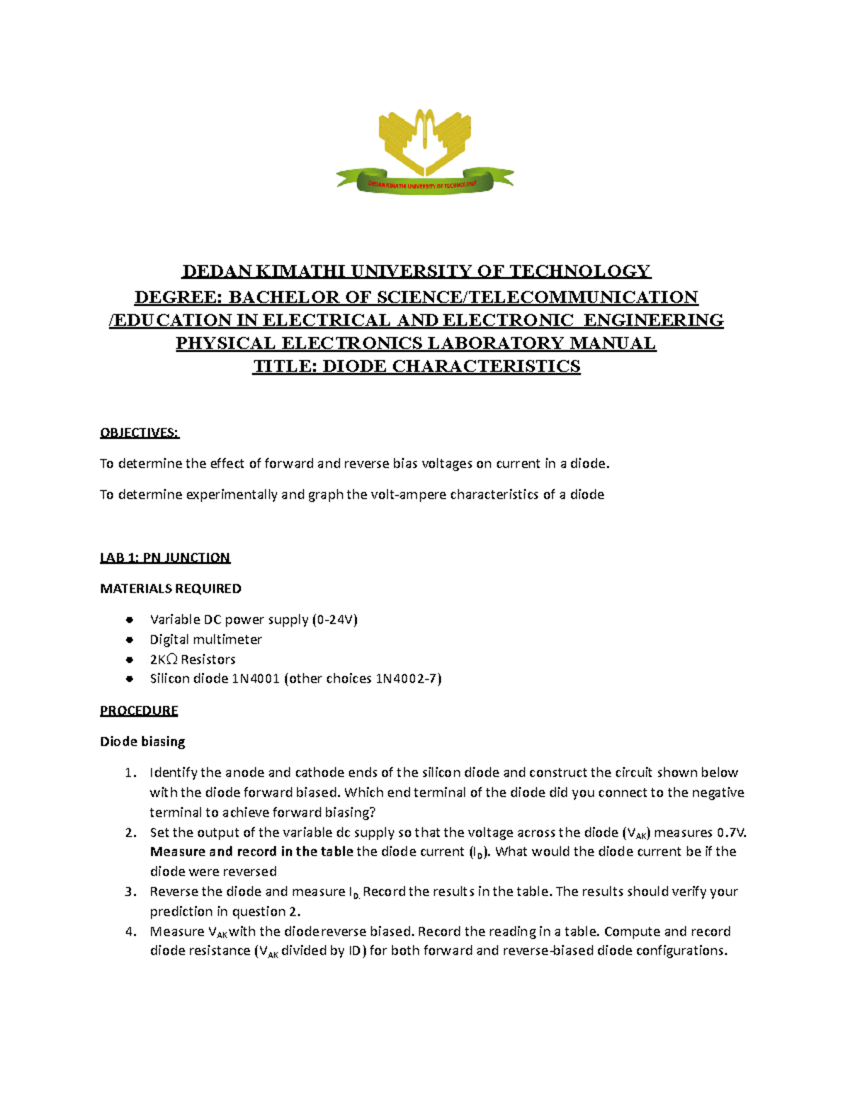 Physical Electronics I - DEDAN KIMATHI UNIVERSITY OF TECHNOLOGY DEGREE ...