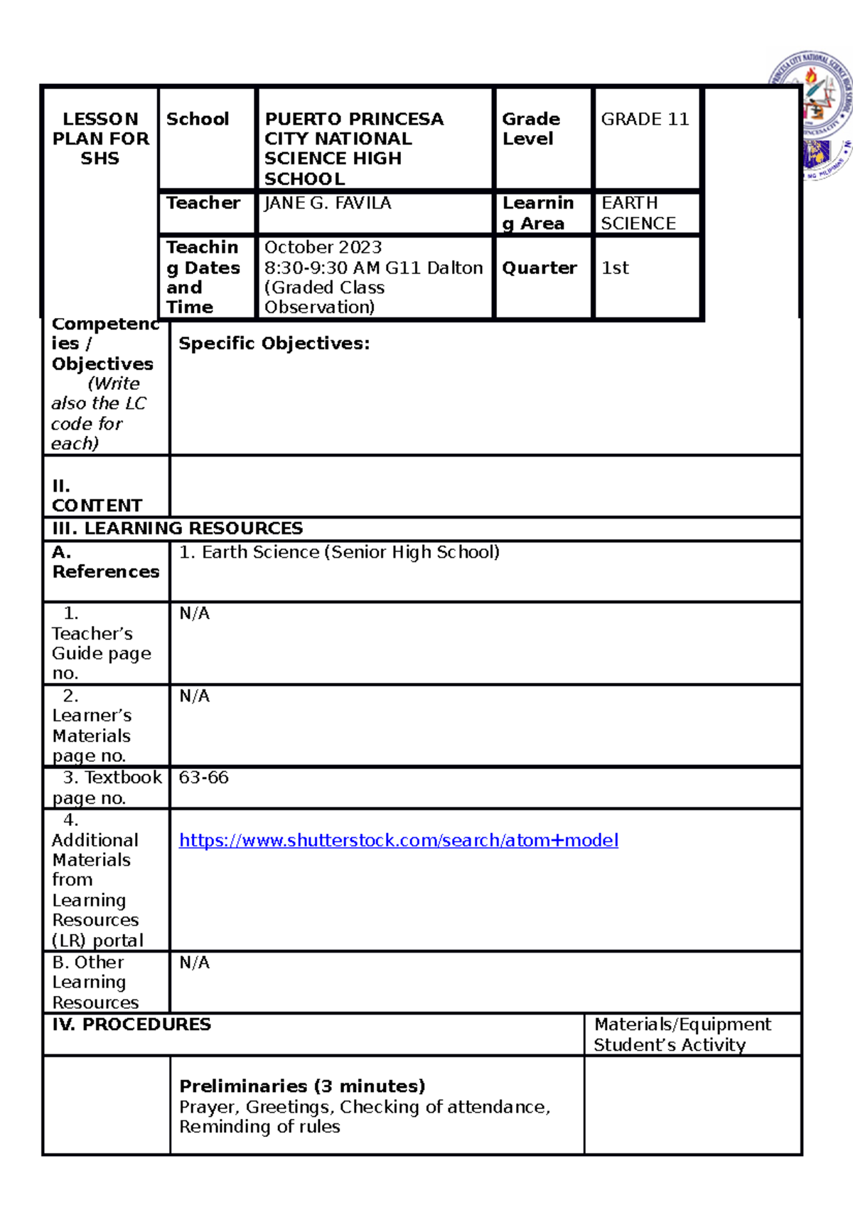 Demo-plan - sample format - I. OBJECTIVES A. Content Standards B ...