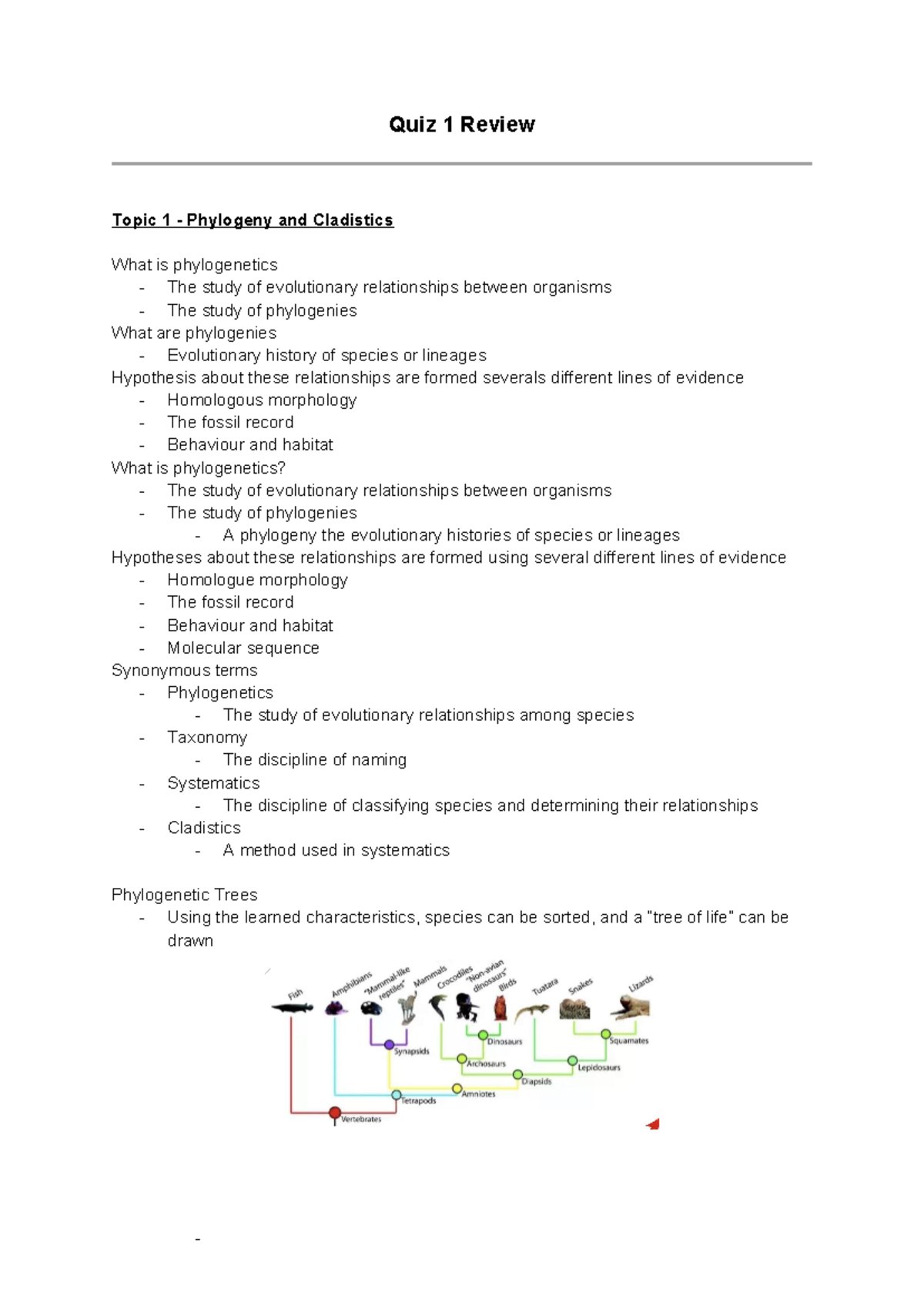 Quiz 1 Review - Quiz 1 Review Topic 1 - Phylogeny and Cladistics What ...