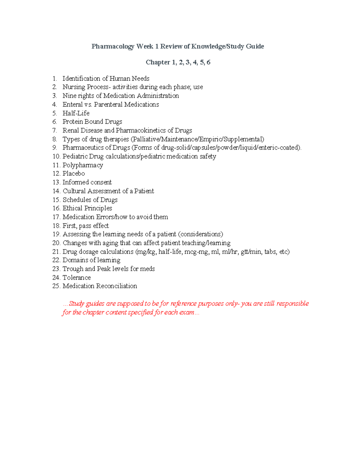HD Week 1 Study Guide 1 - Pharmacology Week 1 Review of Knowledge/Study ...