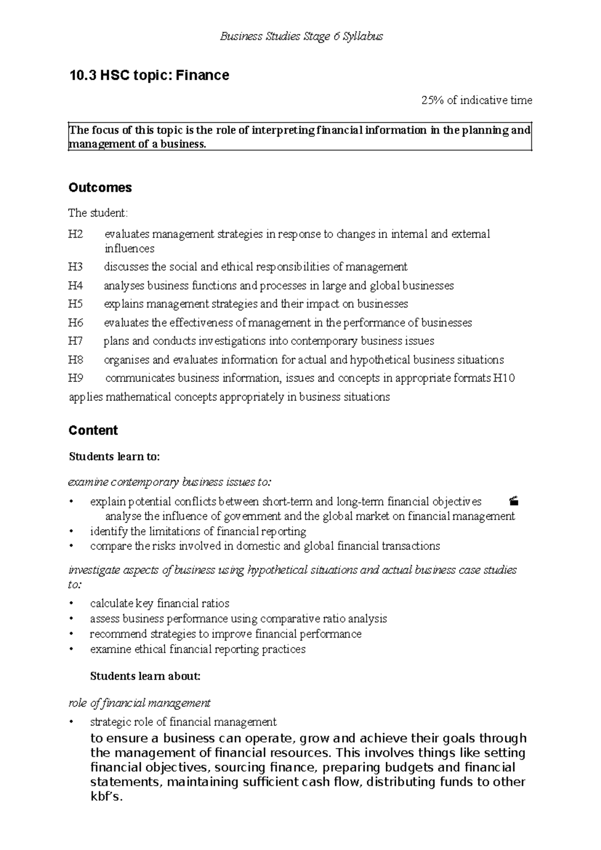 Finance Syllabus filled out - Business Studies Stage 6 Syllabus 10 HSC ...