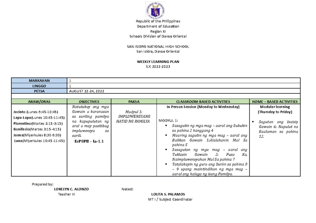 Weekly- Learning-PLAN - Department of Education Region XI Schools ...
