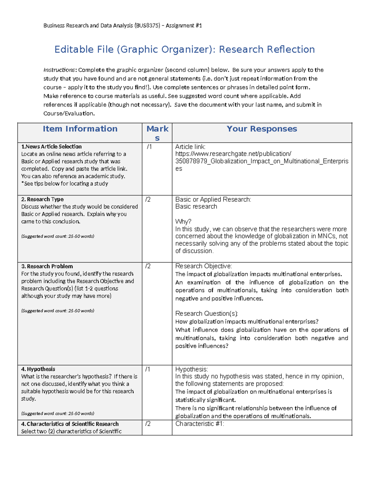 Assignment #1 Research Reflection - Graphic Organizer Assignment (1 ...