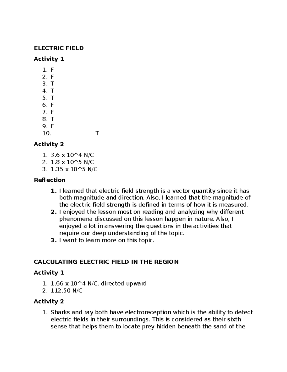 General Physics WEEK 3 - answer - ELECTRIC FIELD Activity 1 F F T T T F ...