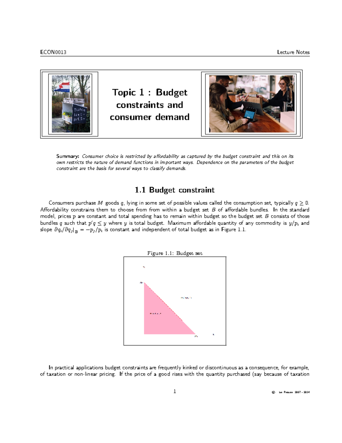 0013 lect1 - Topic 1 : Budget constraints and consumer demand Summary ...