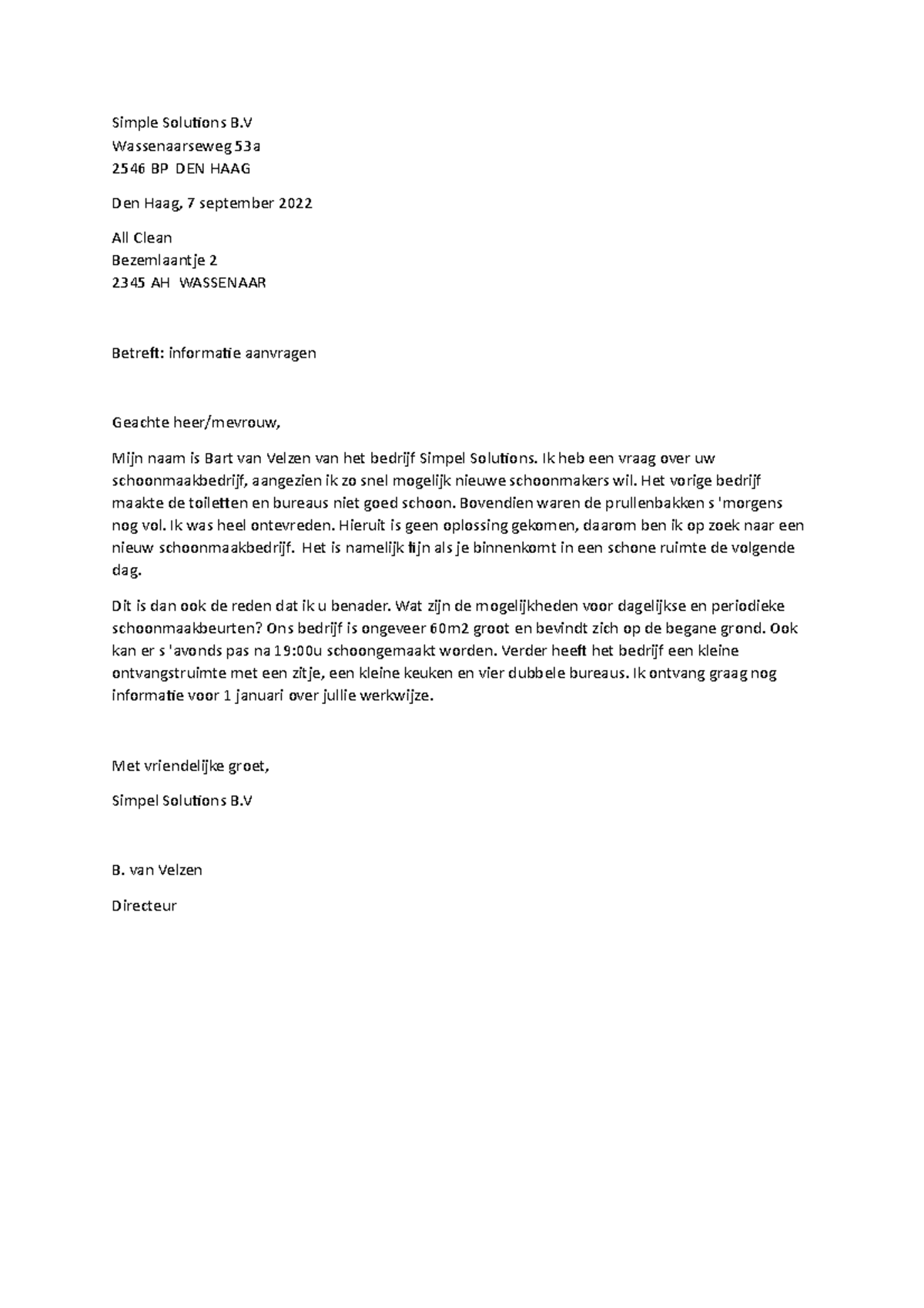 Brief - Simple Solutions B Wassenaarseweg 53a 2546 BP DEN HAAG Den Haag ...