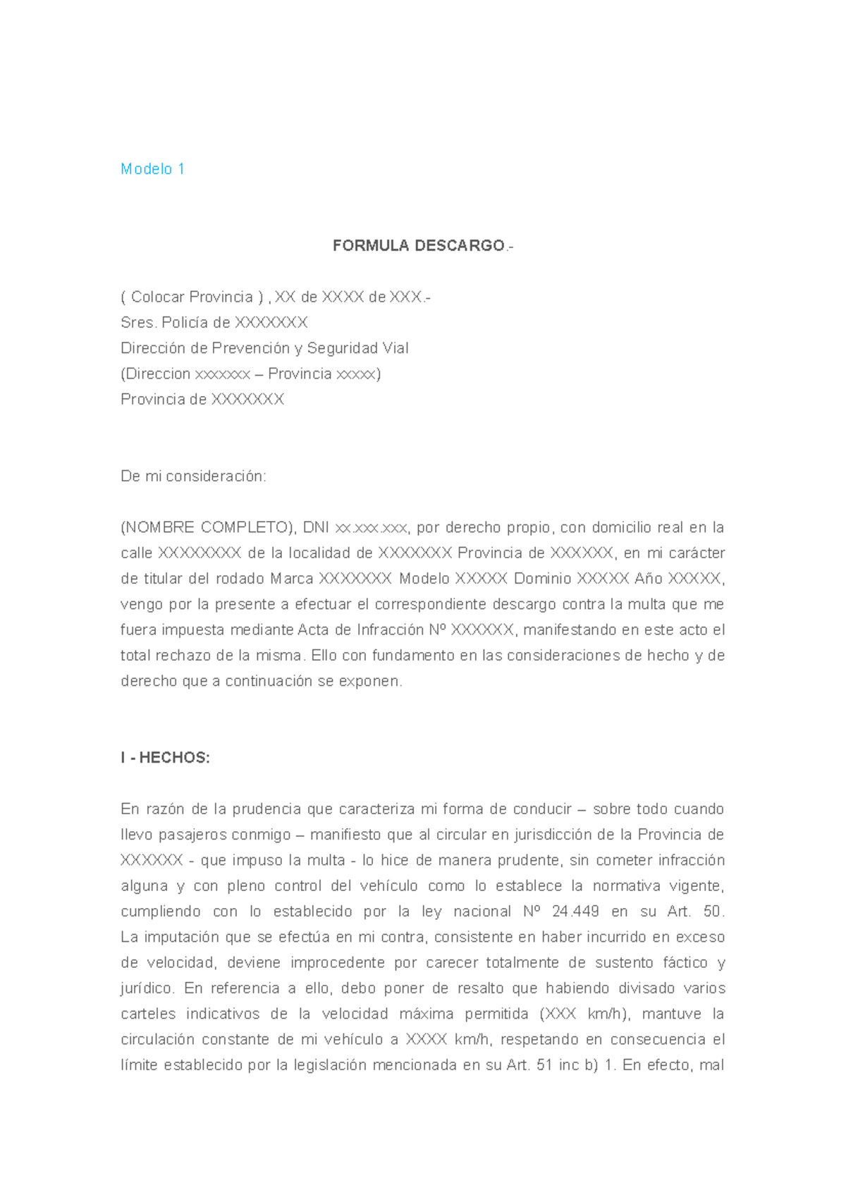 Modelos de multas automotor - Modelo 1 FORMULA DESCARGO.- ( Colocar ...