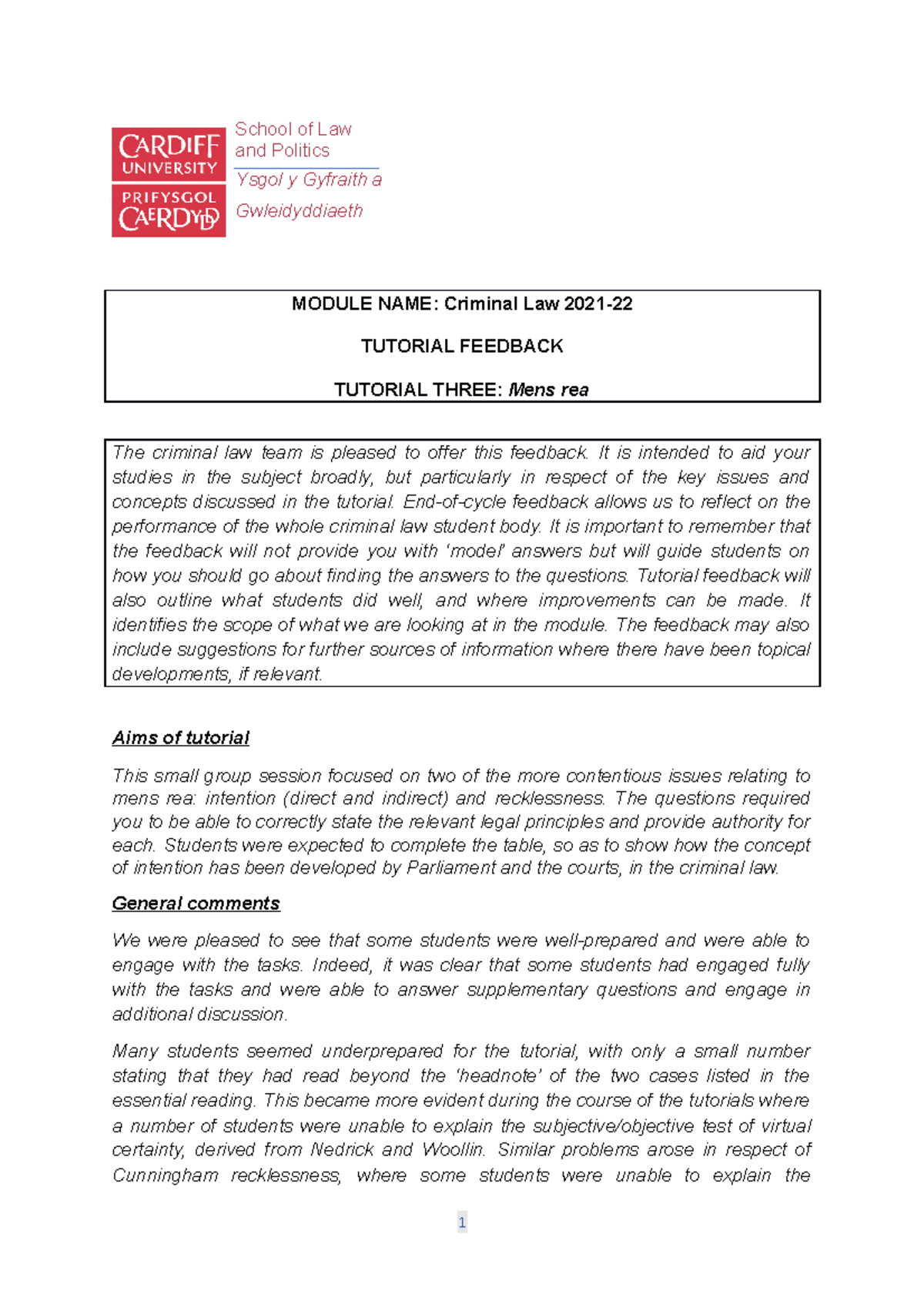 Mens rea tutorial lecturer feedback - School of Law and Politics Ysgol y Gyfraith a ...