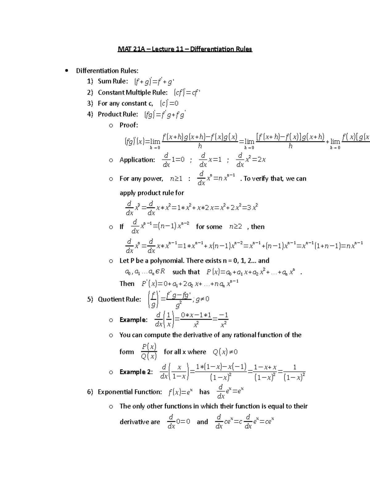 MAT 21A – Lecture 11 – Differentiation Rules - MAT 21A Lecture 11 ...