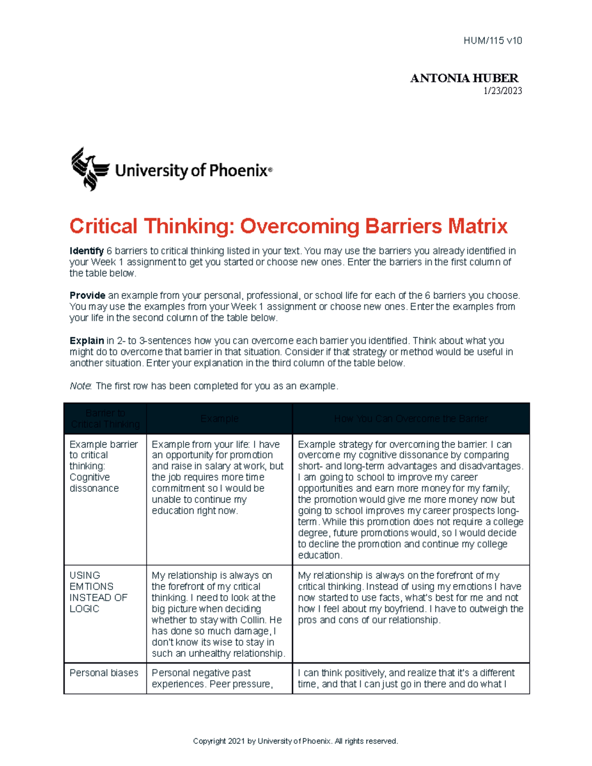 Hum115 v10 wk3 critical thinking overcoming barriers matrix (5 ...