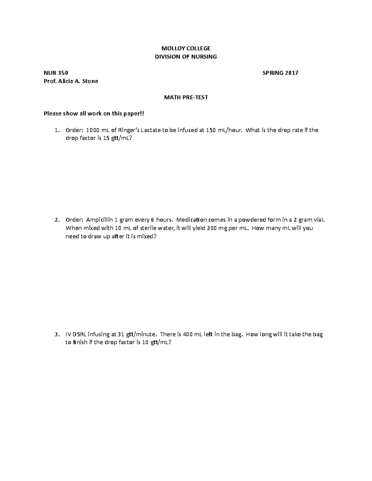 Math pretest 359 - Math Qs - MOLLOY COLLEGE DIVISION OF NURSING NUR 359 ...
