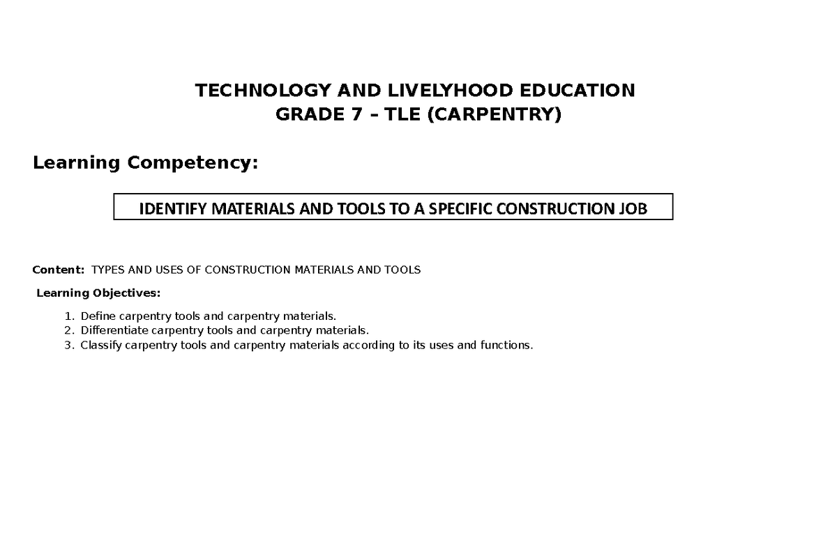 T.L.E-Carpentry quiz - Quiz in Carpentry 7 - TECHNOLOGY AND LIVELYHOOD EDUCATION GRADE 7 – TLE ...