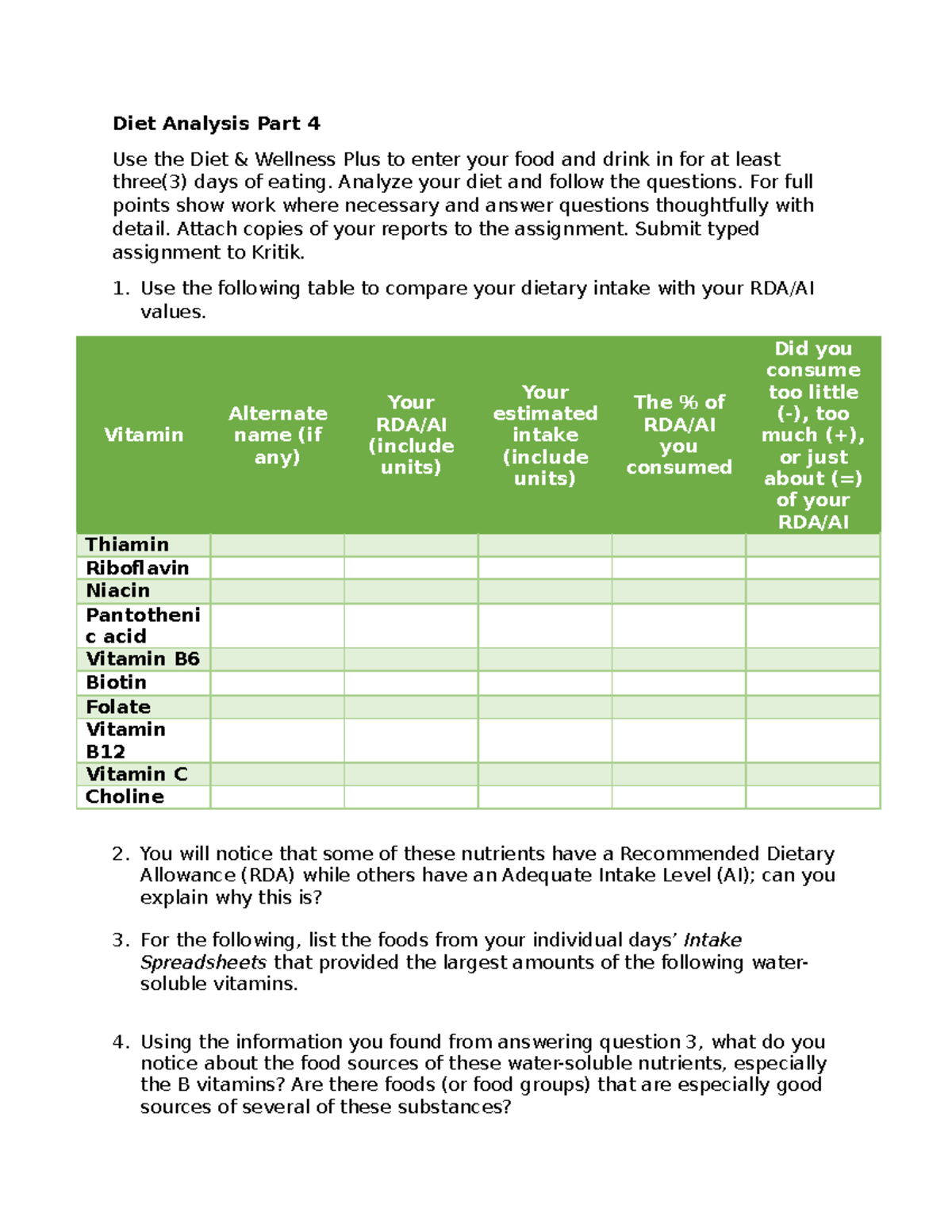 Diet Analysis Part 4 - This is only a Template - Diet Analysis Part 4 ...